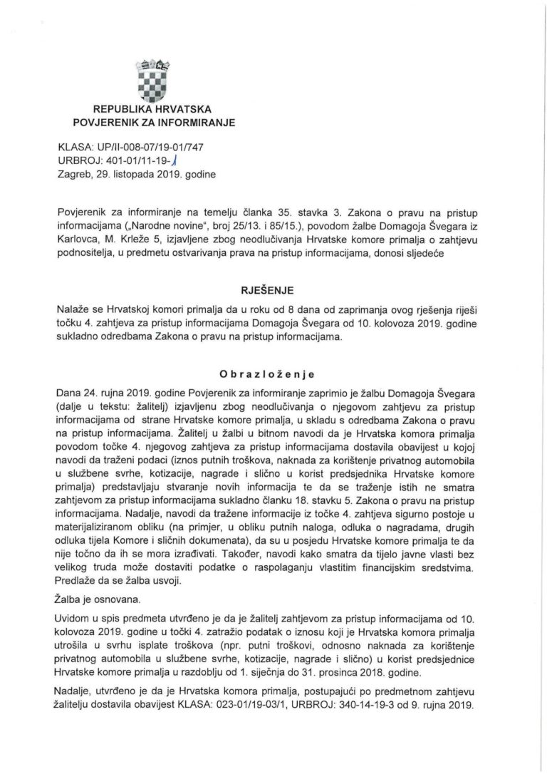 Rješenje Povjerenika za informiranje: Naša žalba protiv Hrvatske komore ...